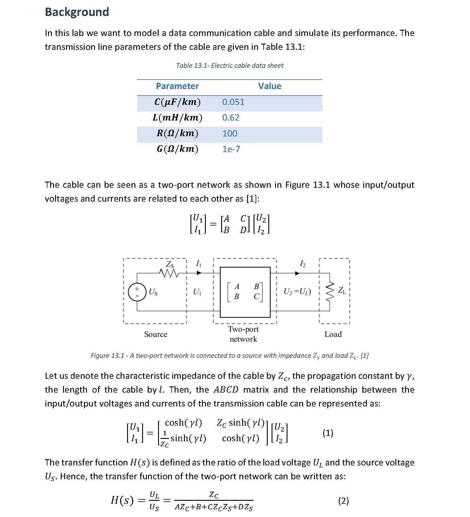 Modelling a communication cable – Physical System Modelling Using MATLAB